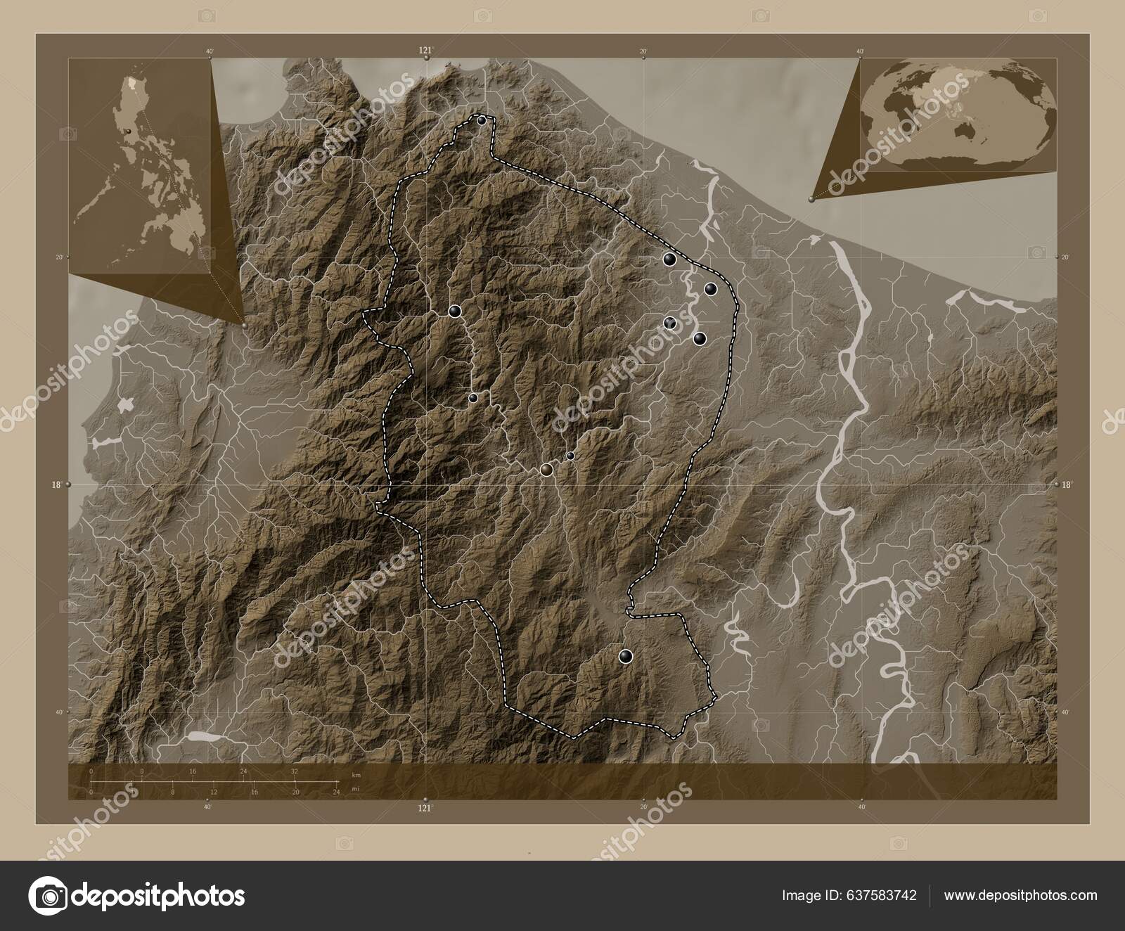 Apayao Province Philippines Elevation Map Colored Sepia Tones Lakes ...