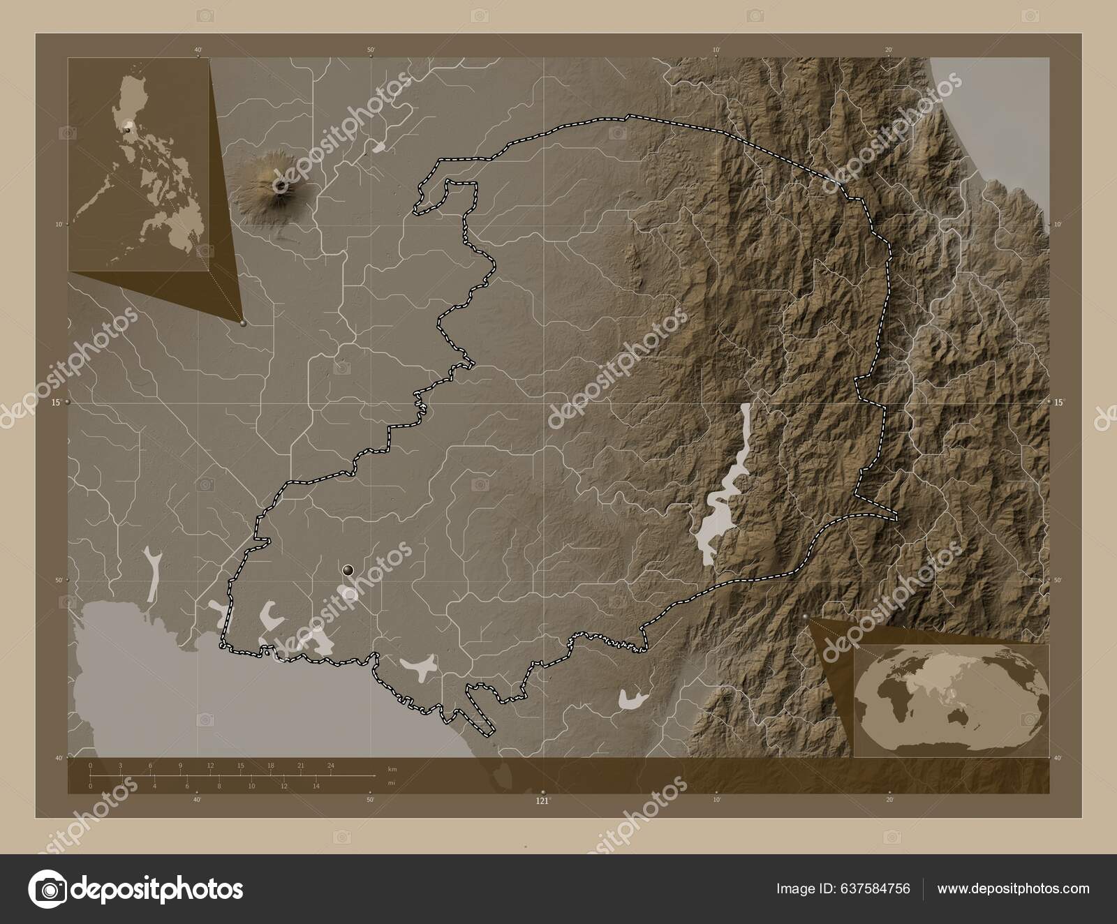 Bulacan Province Philippines Elevation Map Colored Sepia Tones Lakes ...