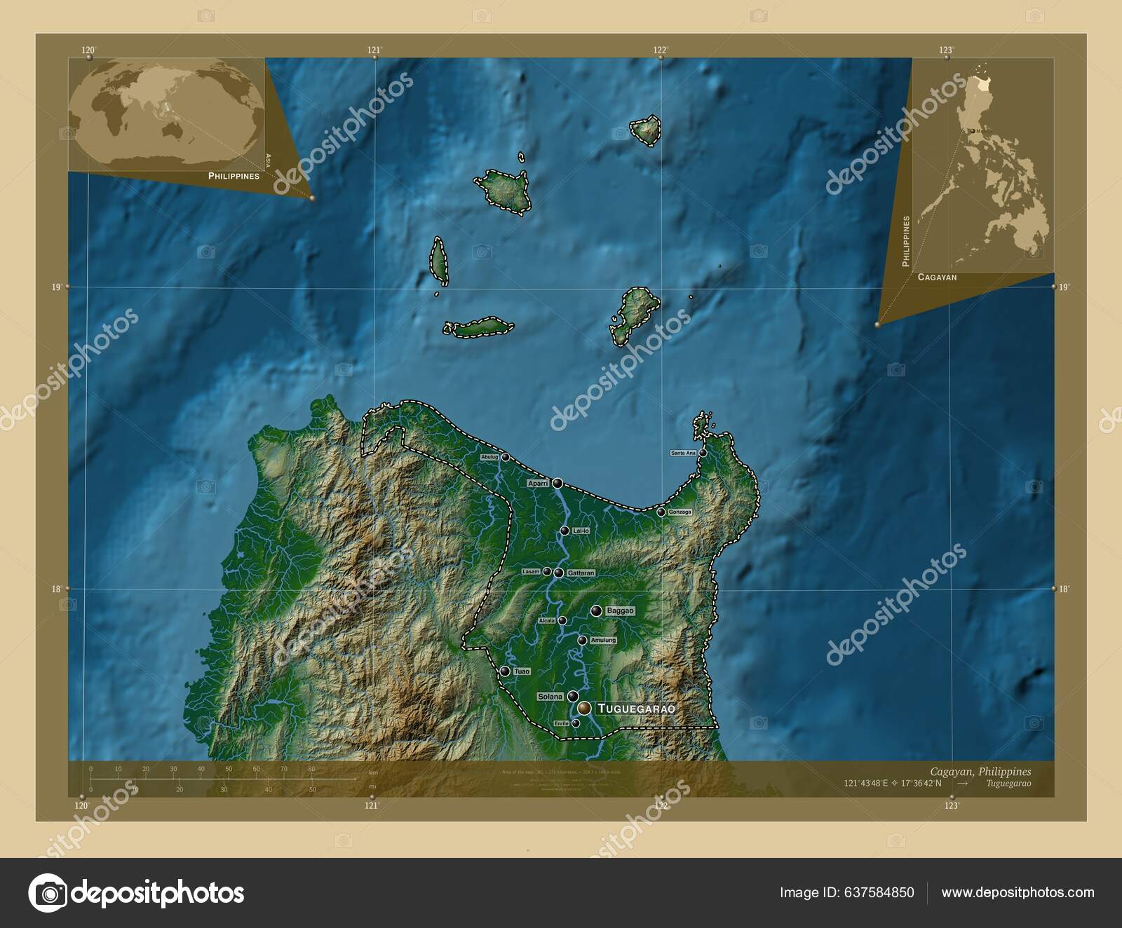Cagayan Province Philippines Colored Elevation Map Lakes Rivers ...