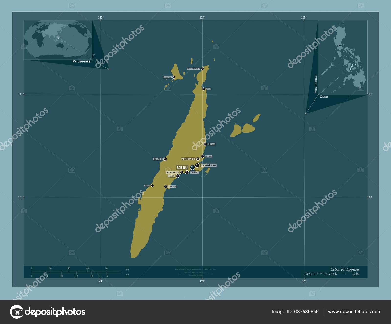 Cebu Province Philippines Solid Color Shape Locations Names Major ...