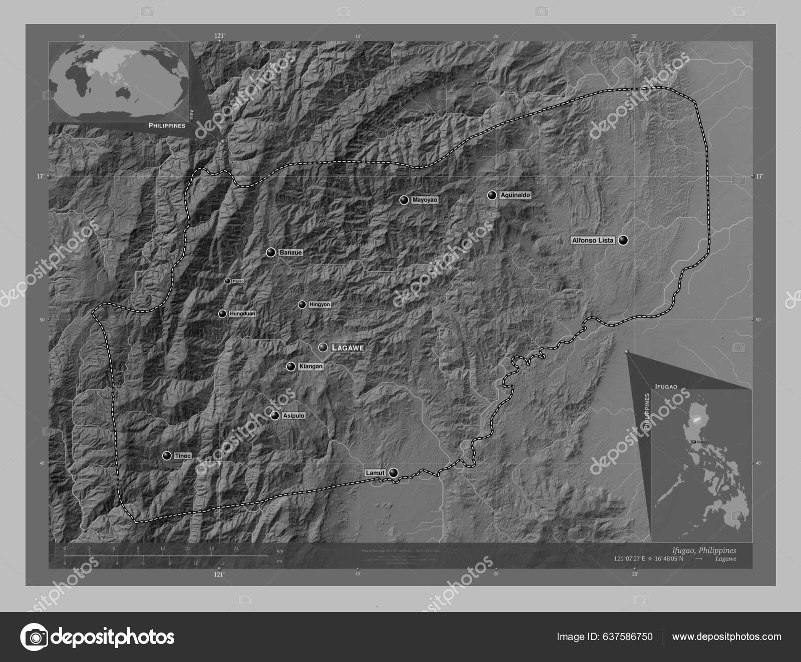 Ifugao Province Philippines Grayscale Elevation Map Lakes Rivers ...
