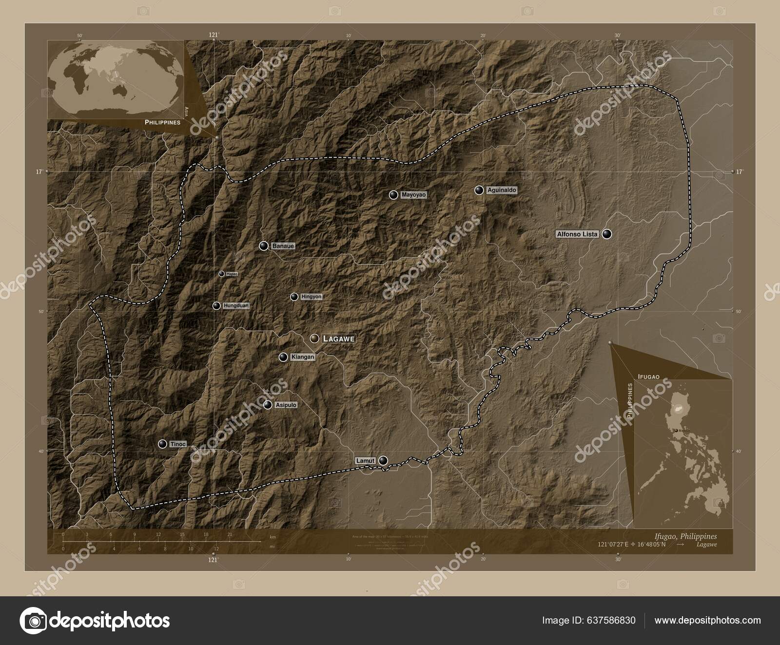 Ifugao Province Philippines Elevation Map Colored Sepia Tones Lakes ...