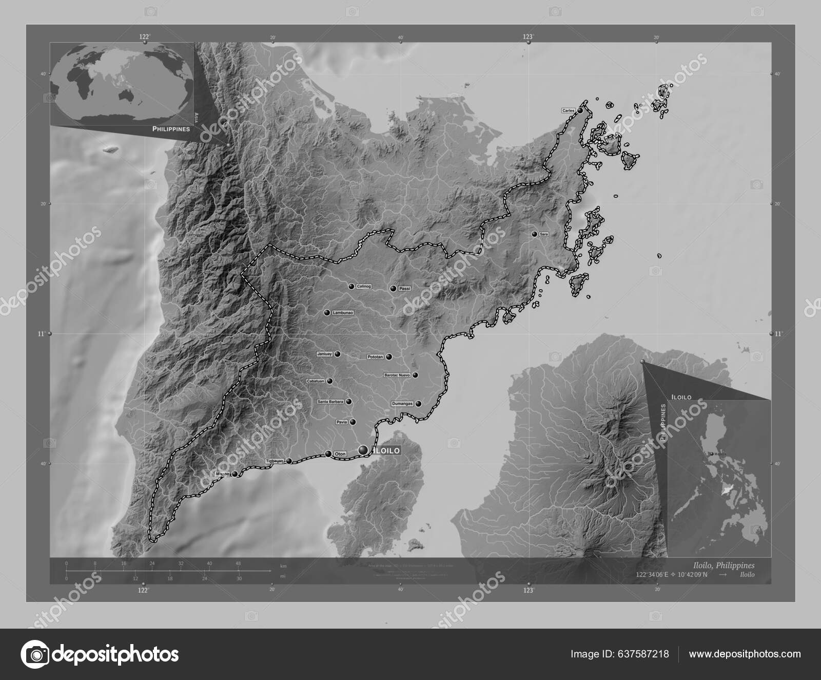 Iloilo Province Philippines Grayscale Elevation Map Lakes Rivers ...