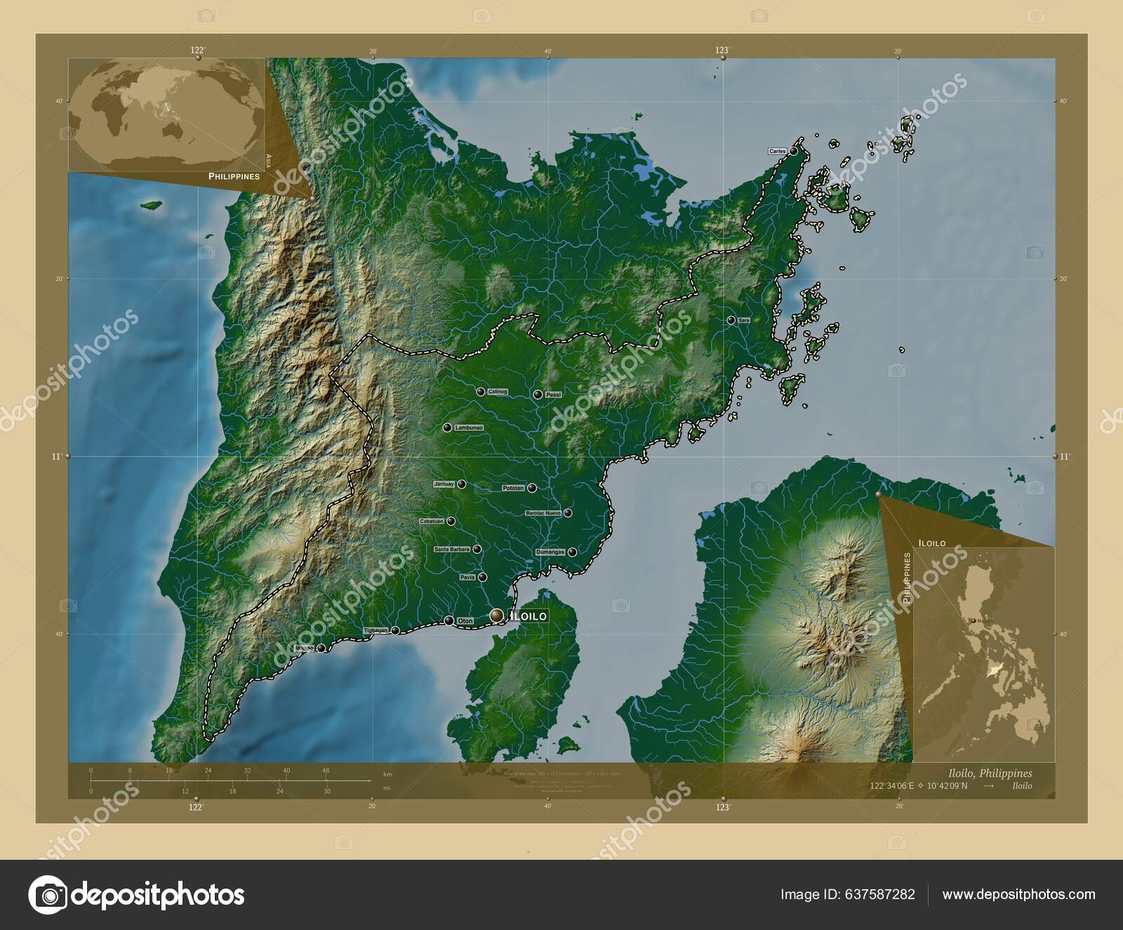 Iloilo Province Philippines Colored Elevation Map Lakes Rivers ...