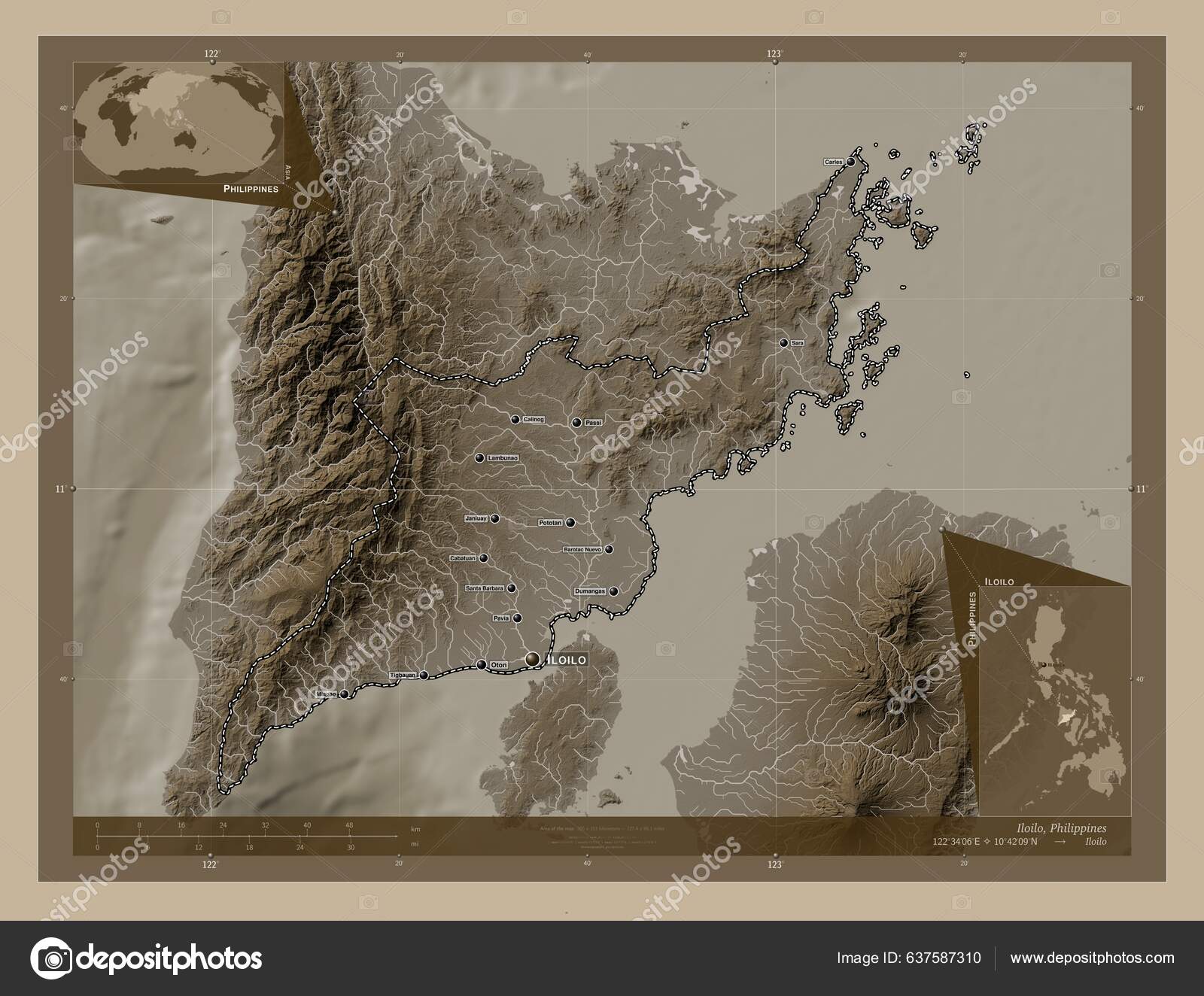Iloilo Province Philippines Elevation Map Colored Sepia Tones Lakes ...
