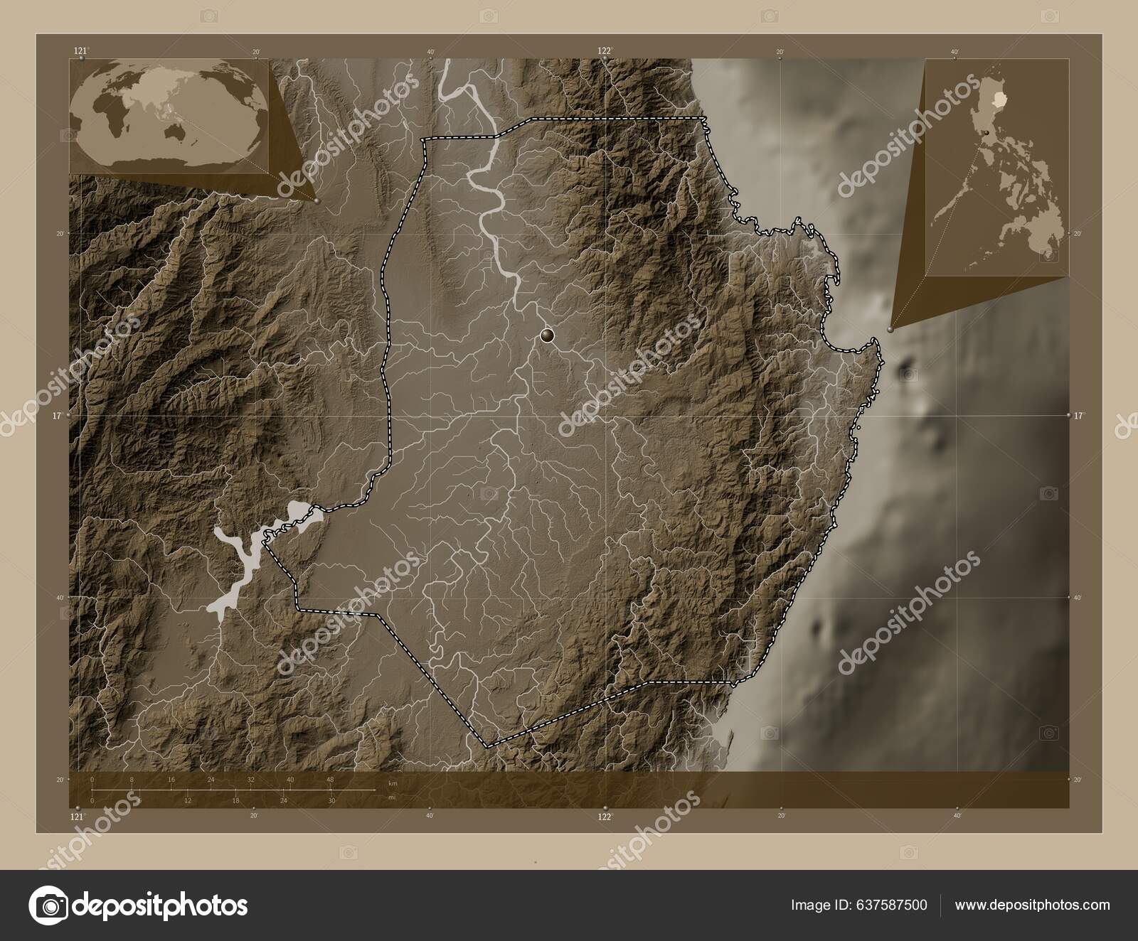 Isabela Province Philippines Elevation Map Colored Sepia Tones Lakes ...