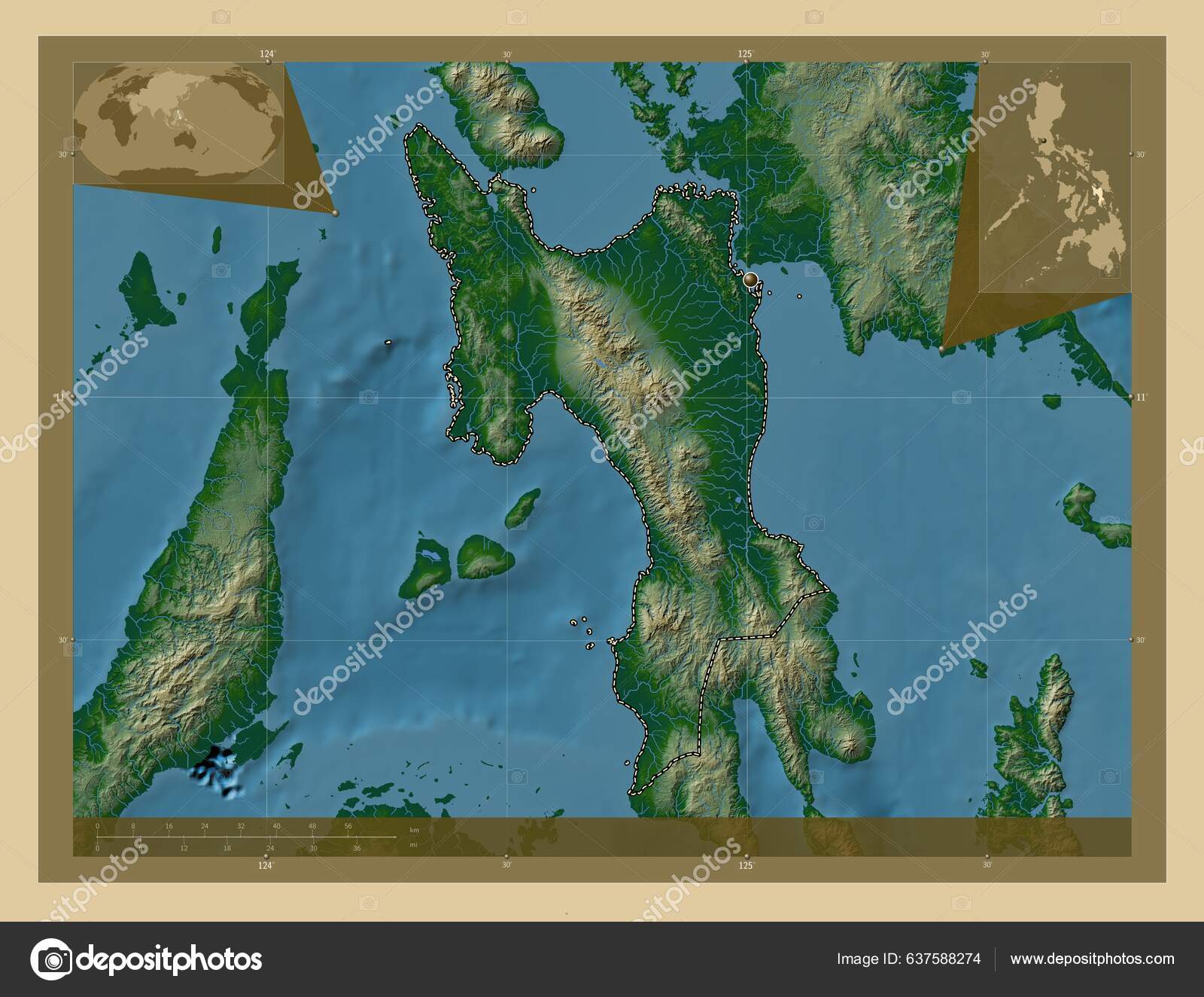 Leyte Province Philippines Colored Elevation Map Lakes Rivers Corner ...