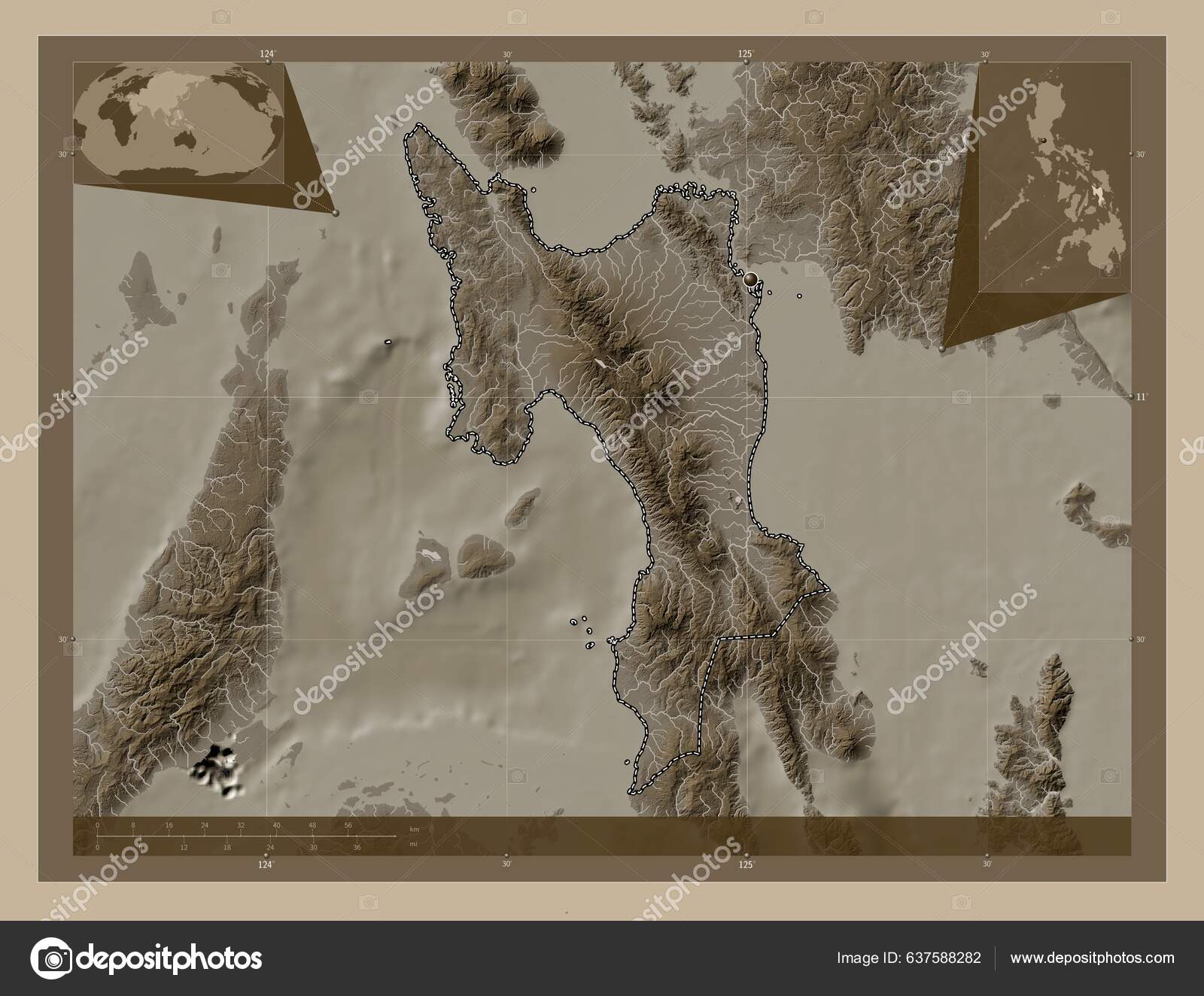 Leyte Province Philippines Elevation Map Colored Sepia Tones Lakes ...
