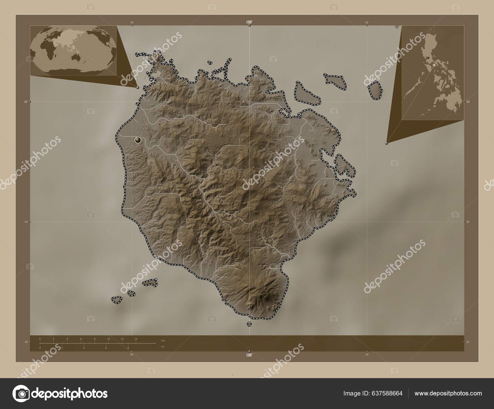 Marinduque Province Philippines Elevation Map Colored Sepia Tones Lakes ...