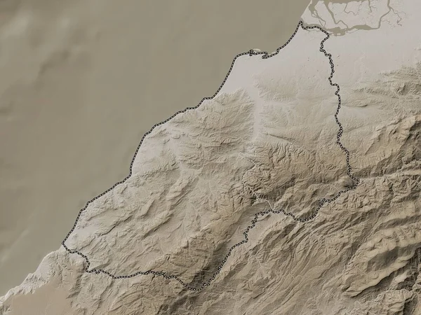 Tumbes, region of Peru. Elevation map colored in sepia tones with lakes ...