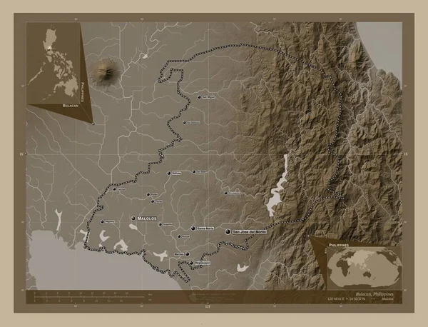 Bulacan, province of Philippines. Elevation map colored in sepia tones ...