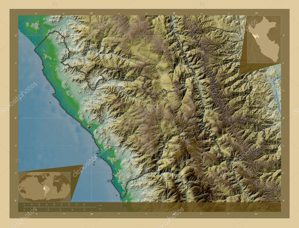 La Libertad, region of Peru. Colored elevation map with lakes and ...
