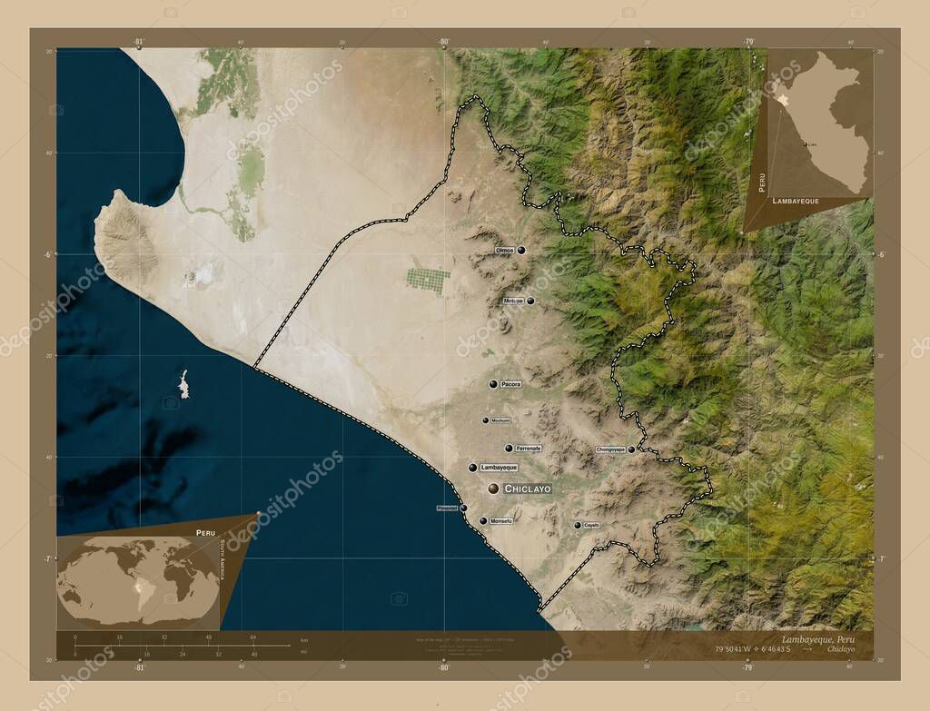 Lambayeque, region of Peru. Low resolution satellite map. Locations and names of major cities of ...