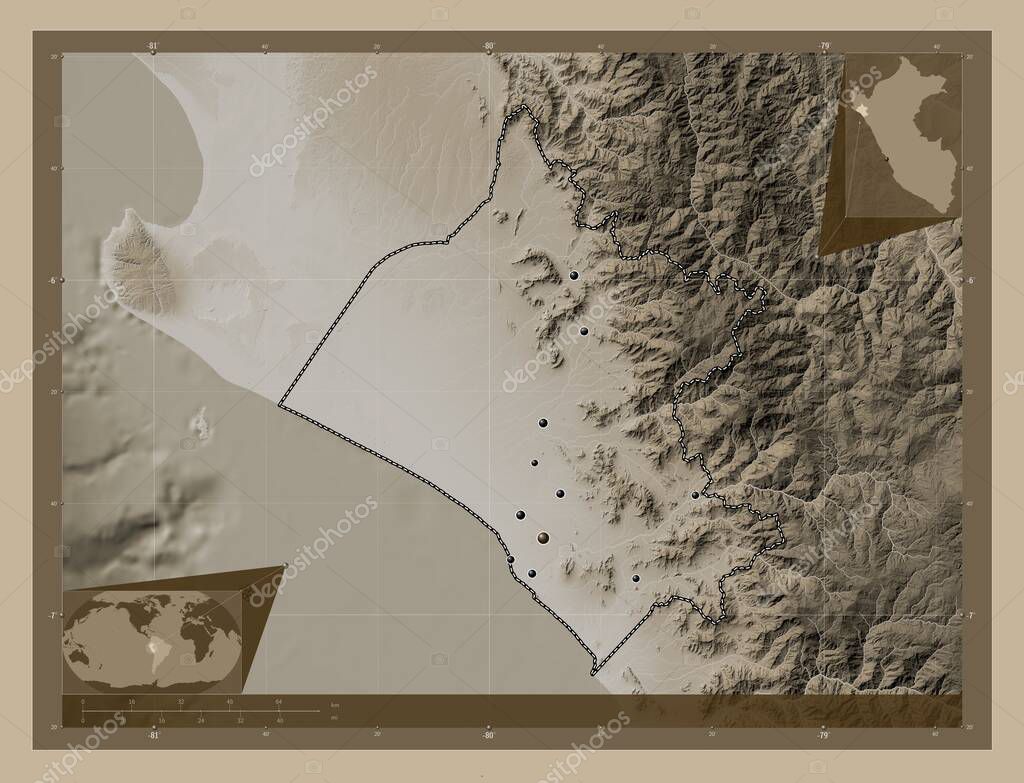 Lambayeque, región del Perú. Mapa de elevación coloreado en tonos sepia ...