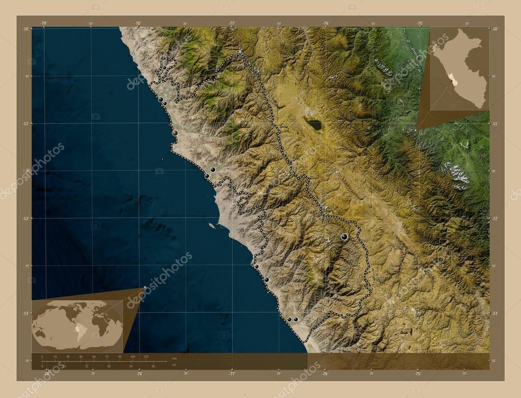 Lima, region of Peru. Low resolution satellite map. Locations of major ...