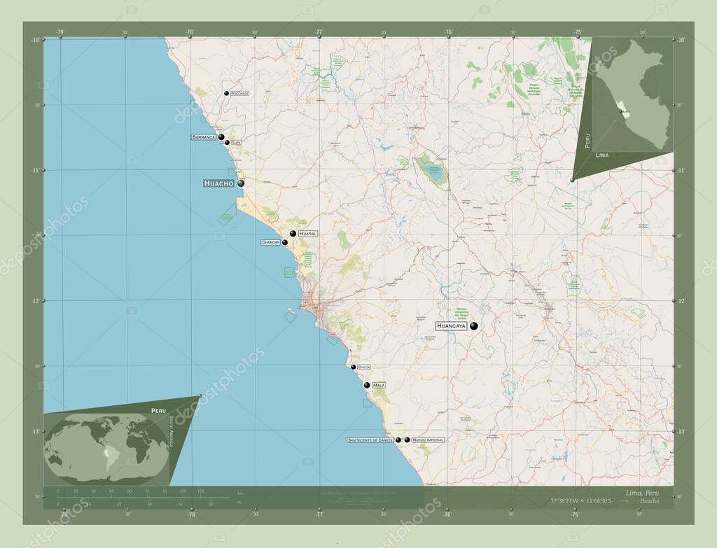 Lima, region of Peru. Open Street Map. Locations and names of major ...