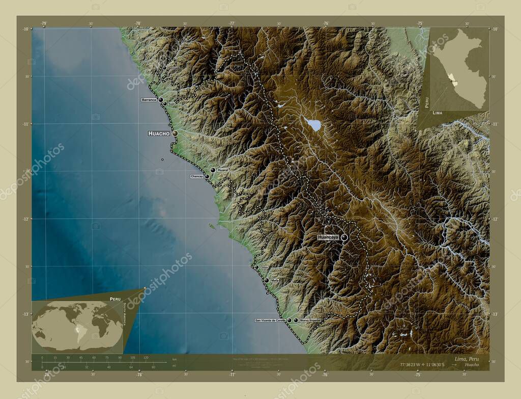 Lima, region of Peru. Elevation map colored in wiki style with lakes ...