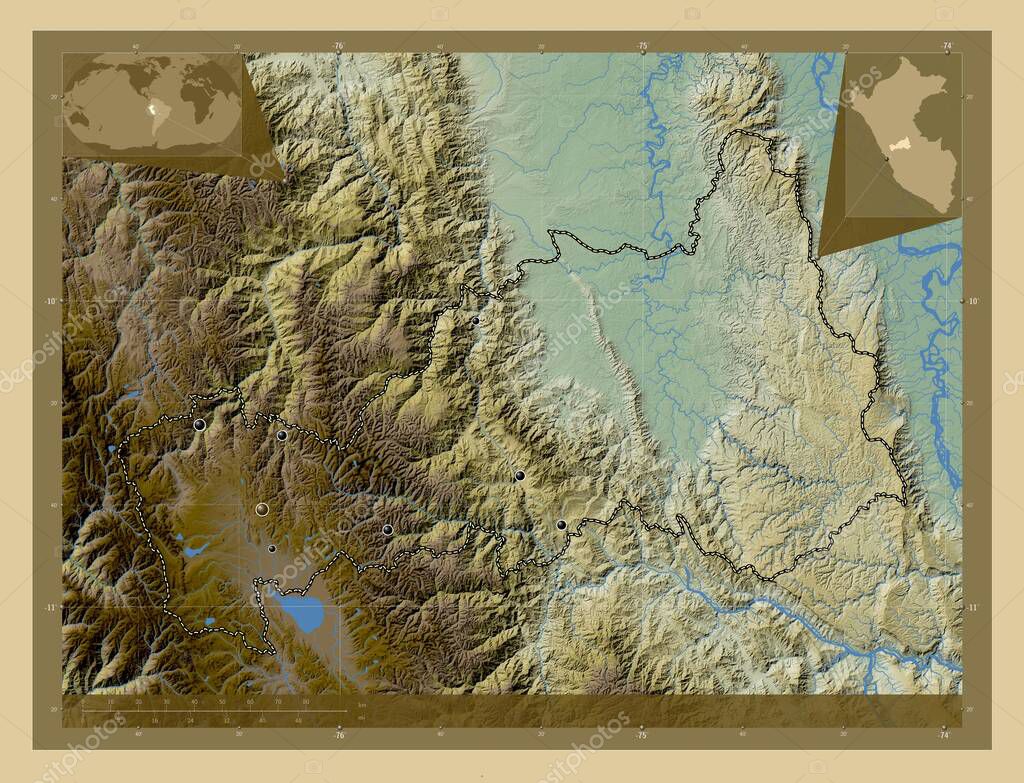 Pasco, region of Peru. Colored elevation map with lakes and rivers ...