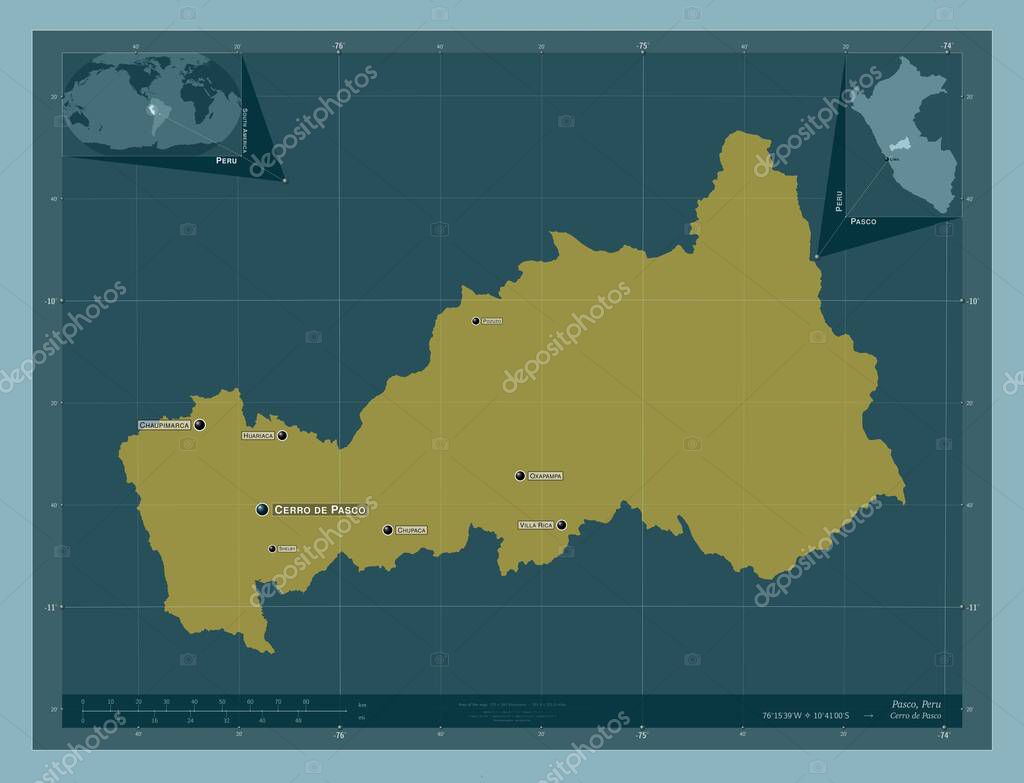 Pasco, region of Peru. Solid color shape. Locations and names of major ...