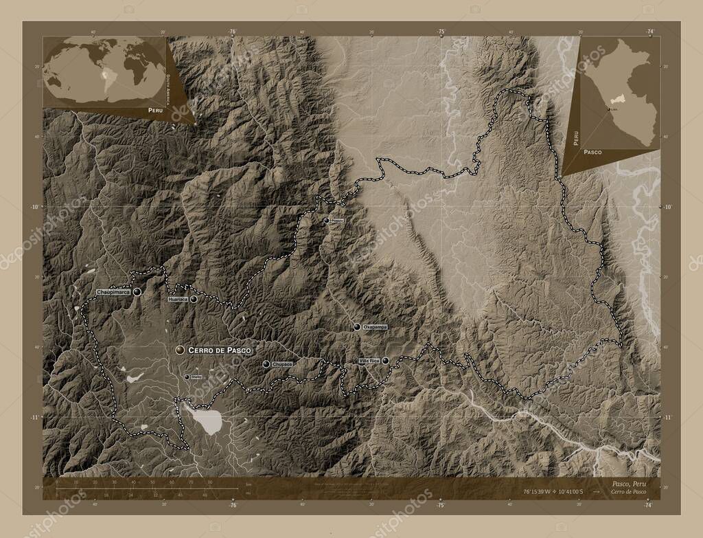 Pasco, region of Peru. Elevation map colored in sepia tones with lakes ...