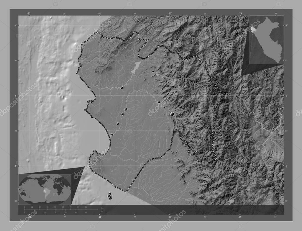 Piura, region of Peru. Bilevel elevation map with lakes and rivers ...