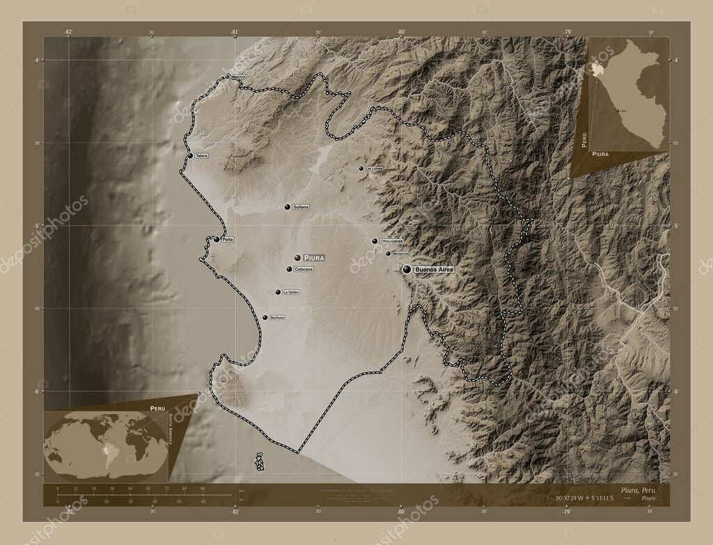 Piura, region of Peru. Elevation map colored in sepia tones with lakes ...