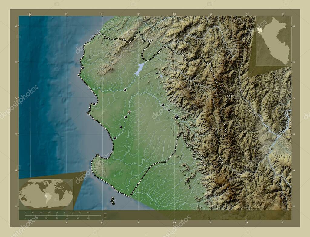 Piura, region of Peru. Elevation map colored in wiki style with lakes ...