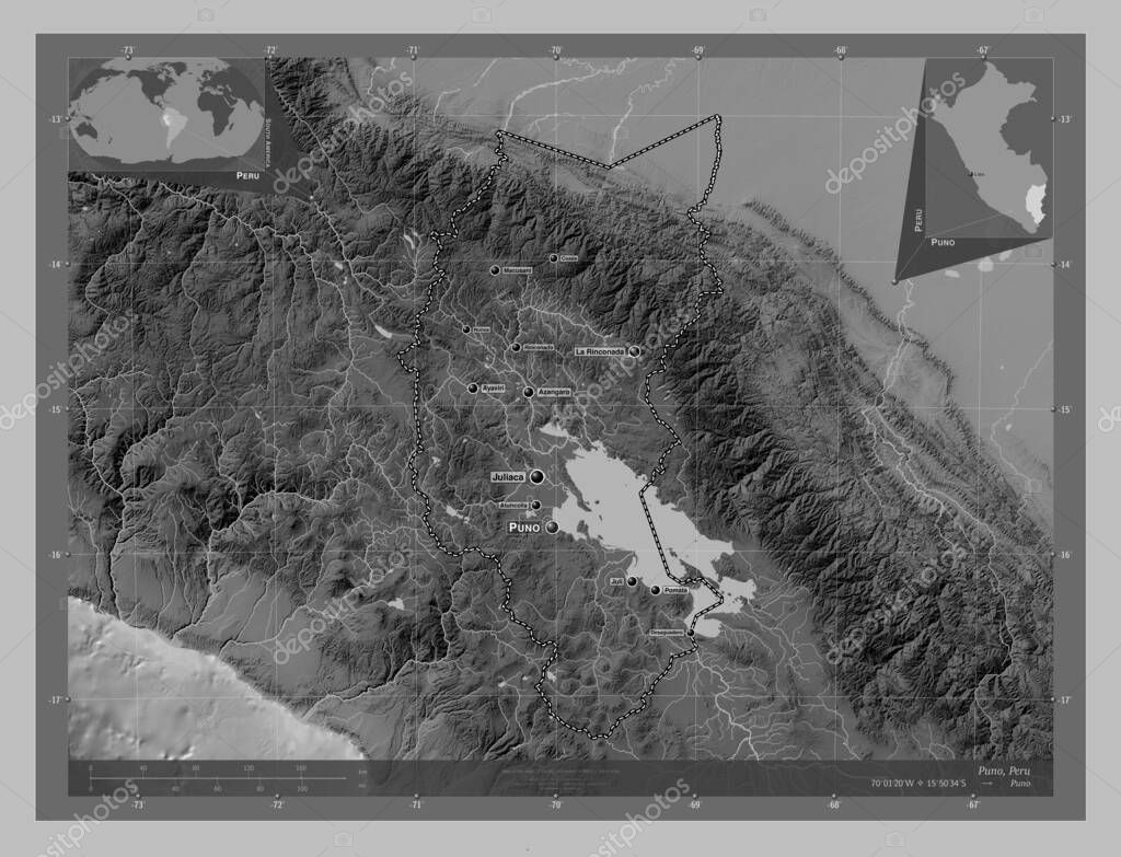 Puno, region of Peru. Grayscale elevation map with lakes and rivers ...