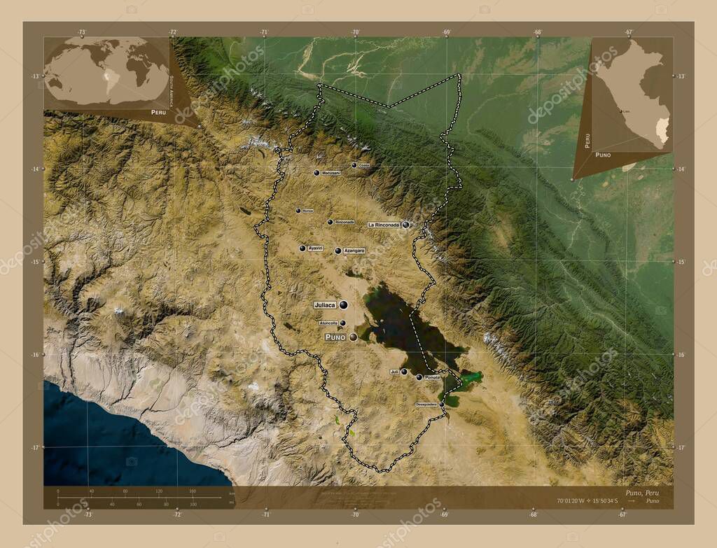 Puno, region of Peru. Low resolution satellite map. Locations and names ...