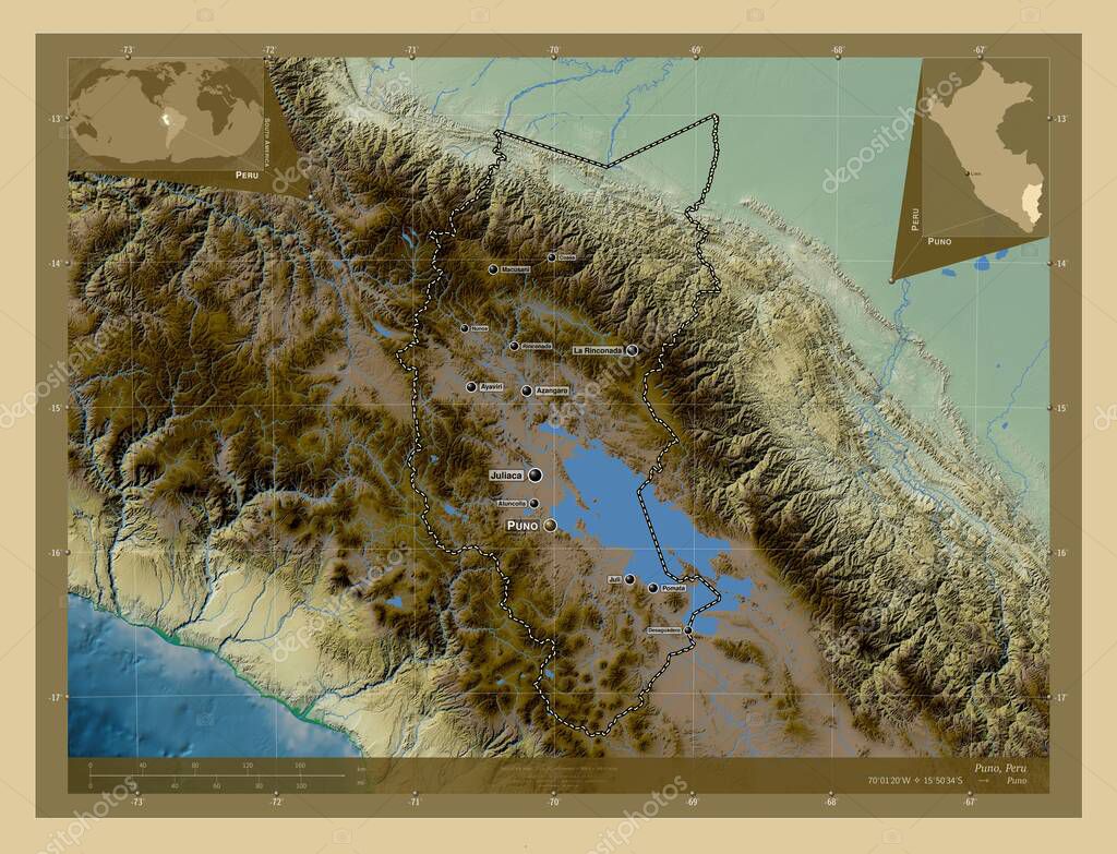 Puno, region of Peru. Colored elevation map with lakes and rivers ...