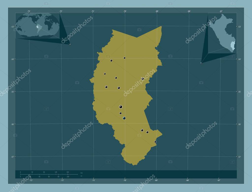 Puno, region of Peru. Solid color shape. Locations of major cities of ...