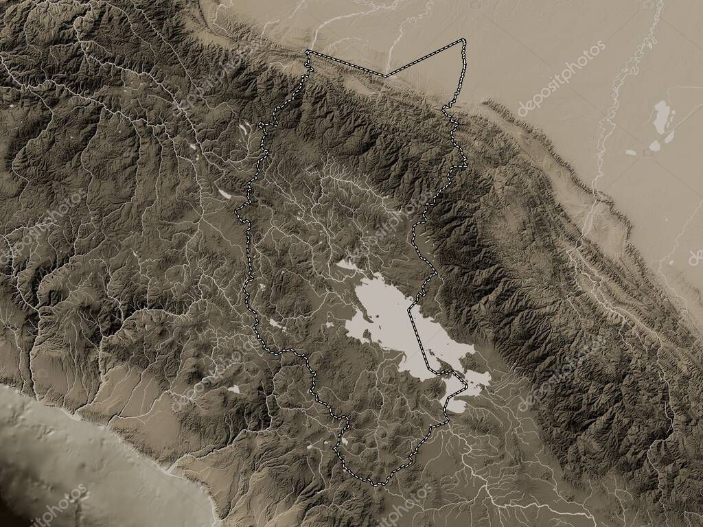 Puno, region of Peru. Elevation map colored in sepia tones with lakes ...