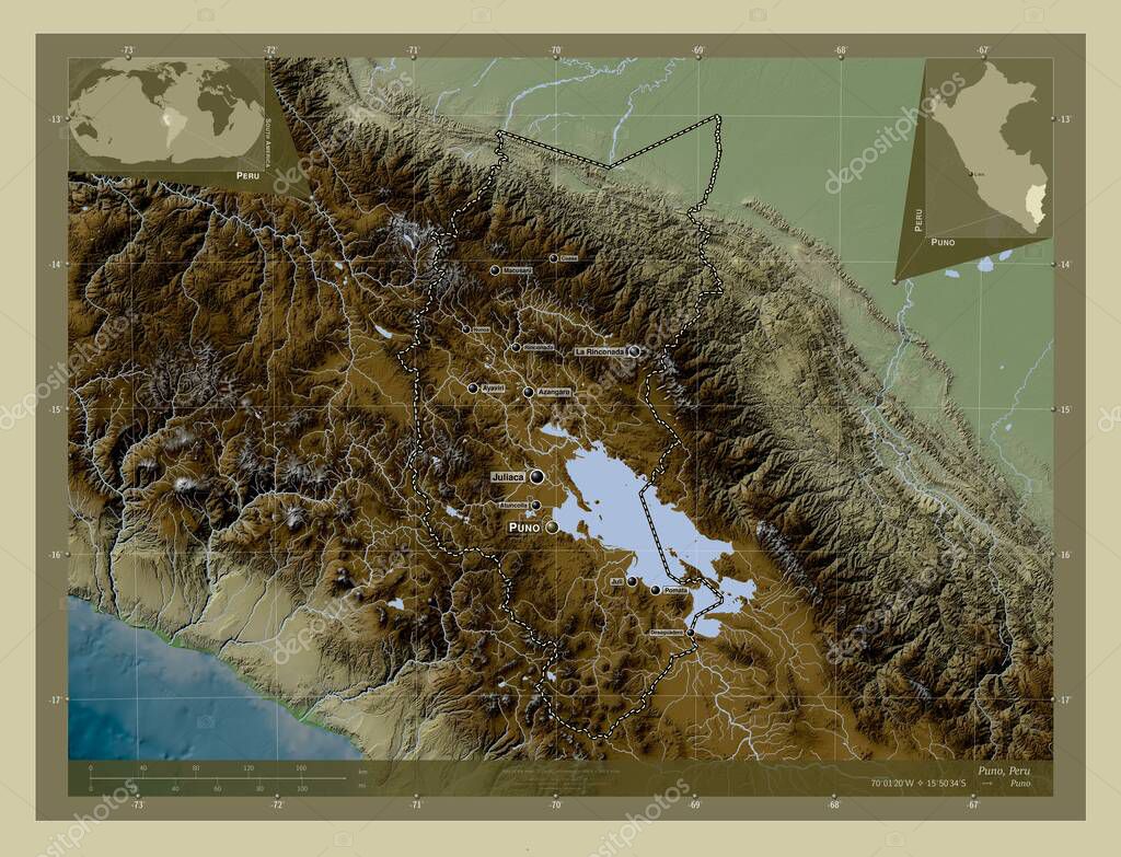 Puno, region of Peru. Elevation map colored in wiki style with lakes ...
