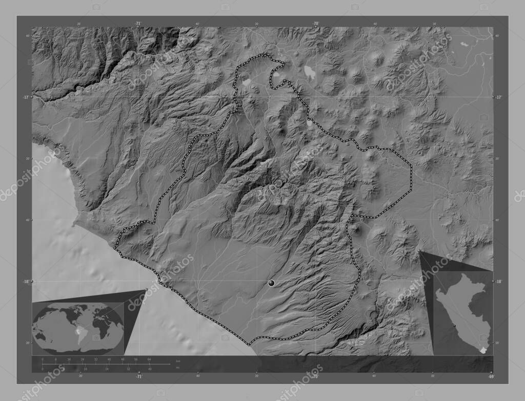 Tacna, region of Peru. Bilevel elevation map with lakes and rivers ...