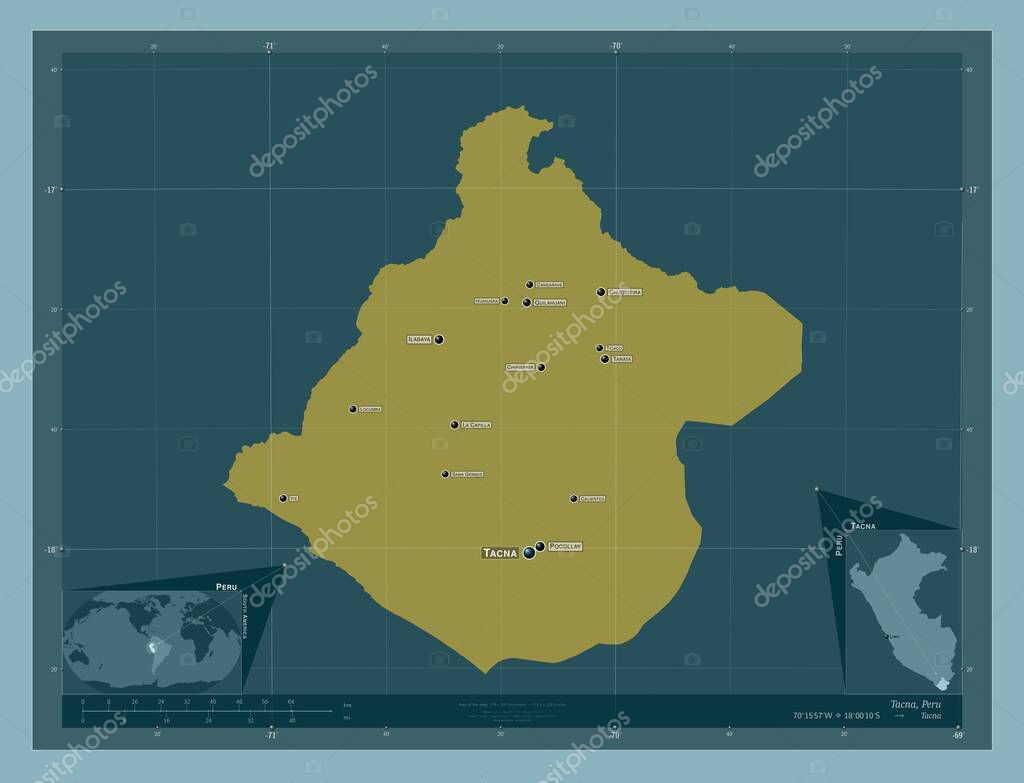 Tacna, región de Perú. Forma de color sólido. Ubicaciones y nombres de ...