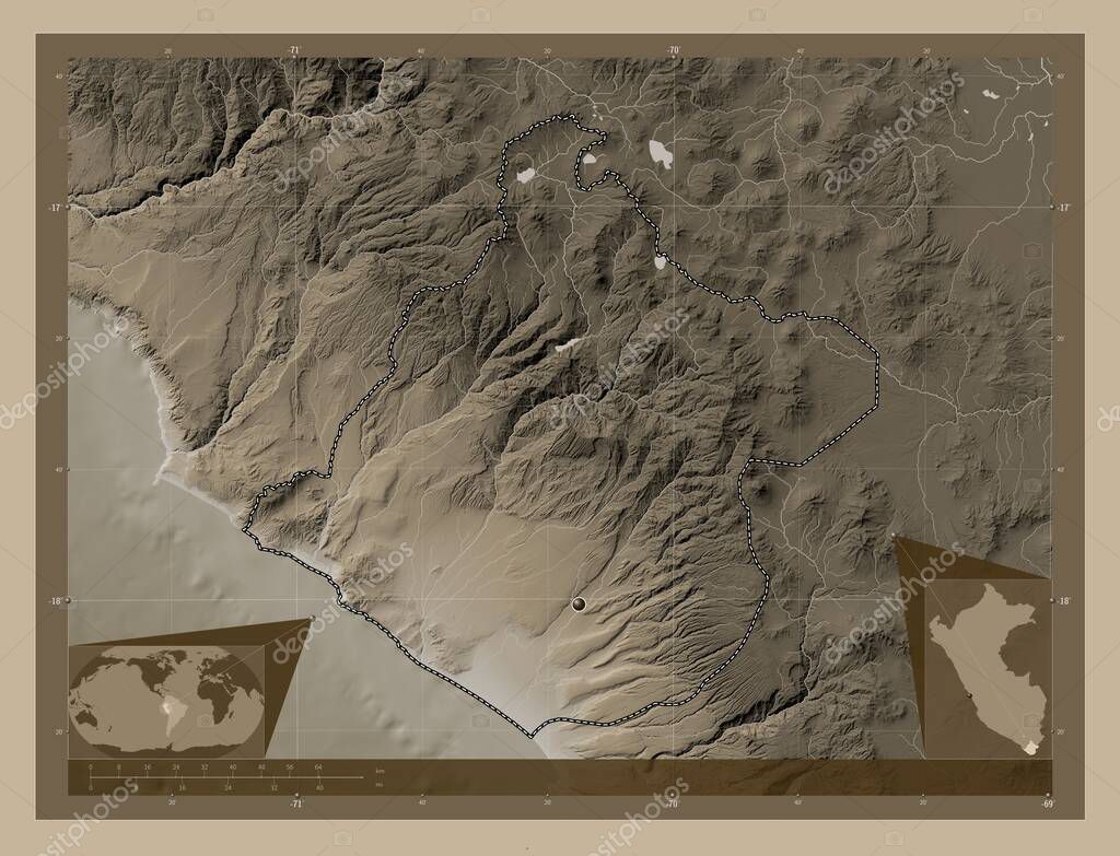 Tacna, region of Peru. Elevation map colored in sepia tones with lakes ...