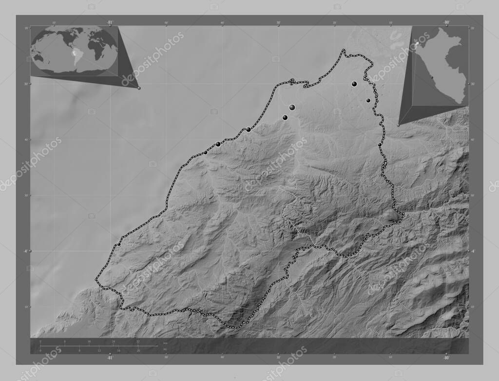 Tumbes, región de Perú. Mapa de elevación a escala de grises con lagos ...