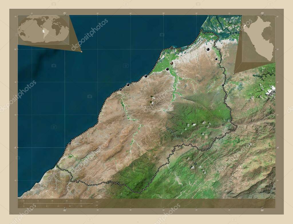 Tumbes, region of Peru. High resolution satellite map. Locations of ...