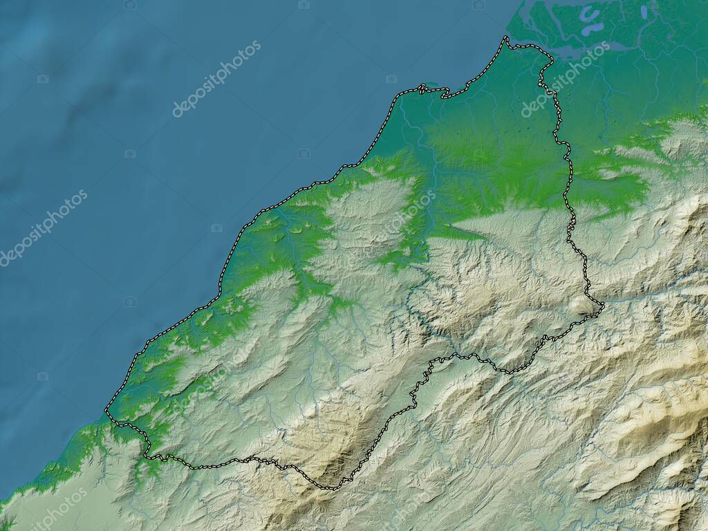 Tumbes, región de Perú. Mapa de elevación de colores con lagos y ríos 2023