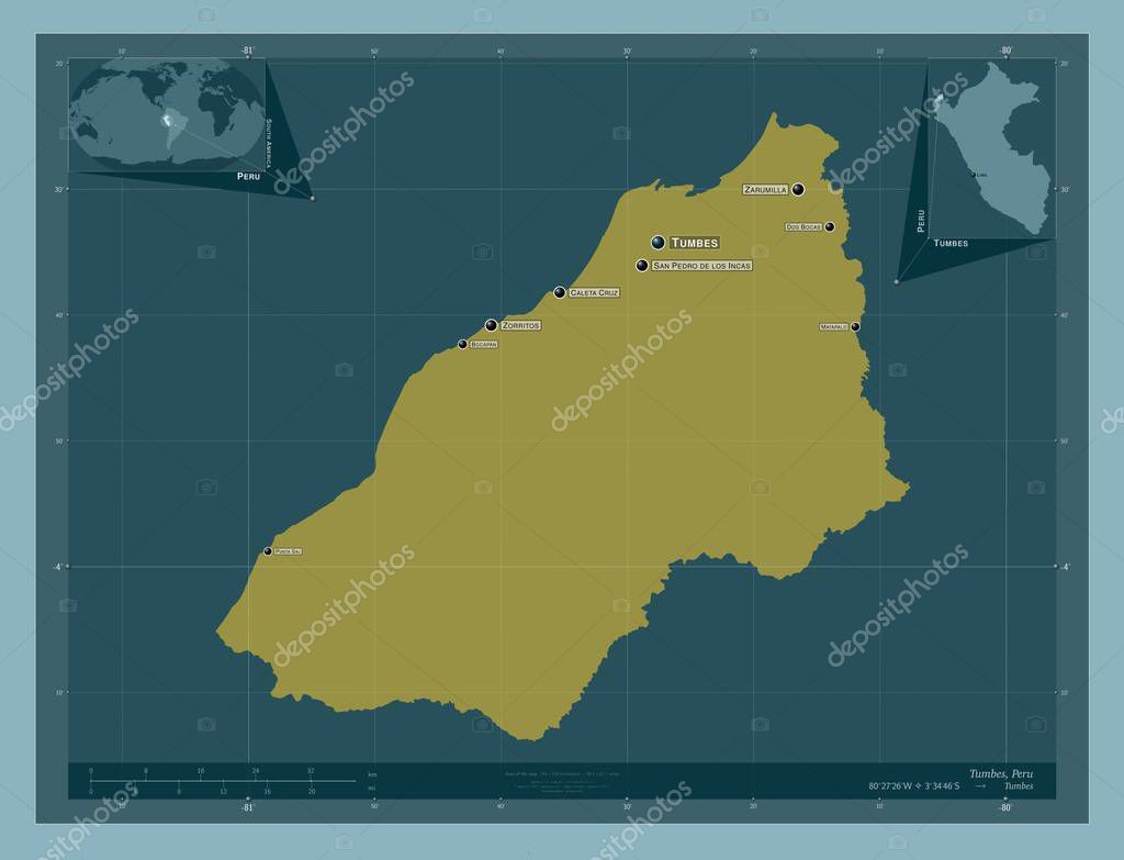 Tumbes, región de Perú. Forma de color sólido. Ubicaciones y nombres de ...