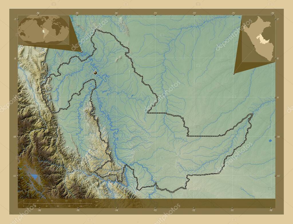 Ucayali, región de Perú. Mapa de elevación de colores con lagos y ríos ...