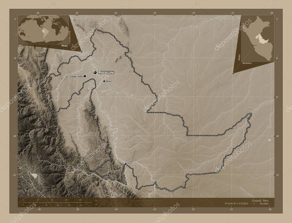 Ucayali, región de Perú. Mapa de elevación coloreado en tonos sepia con ...