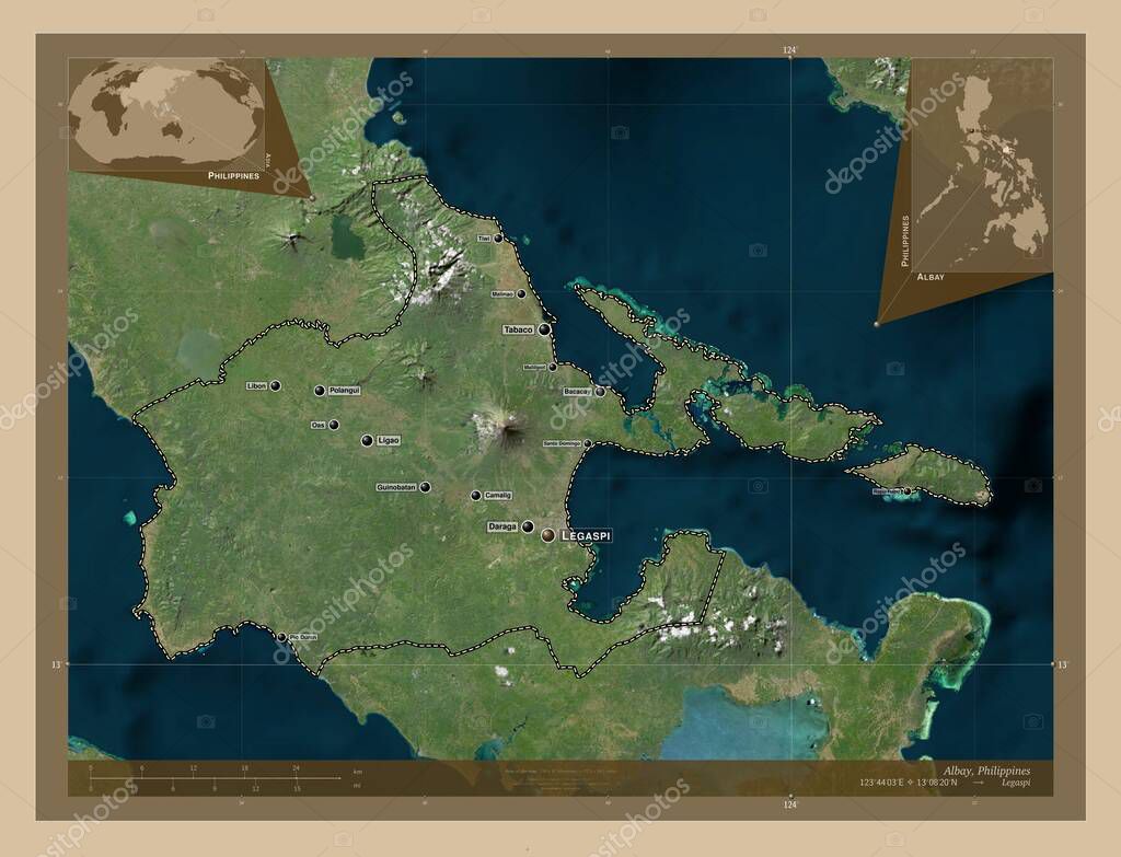 Albay, province of Philippines. Low resolution satellite map. Locations ...