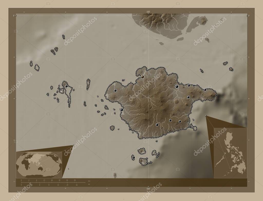 Basilan, province of Philippines. Elevation map colored in sepia tones ...