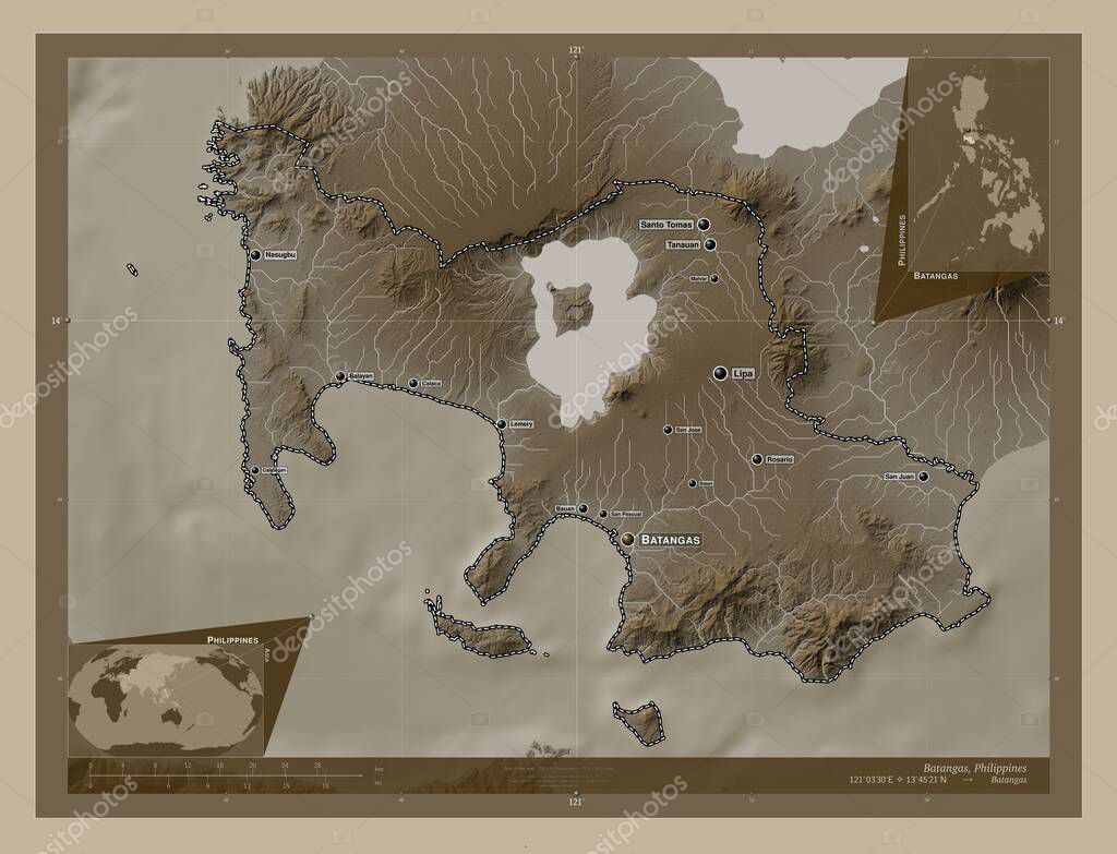 Batangas, province of Philippines. Elevation map colored in sepia tones ...