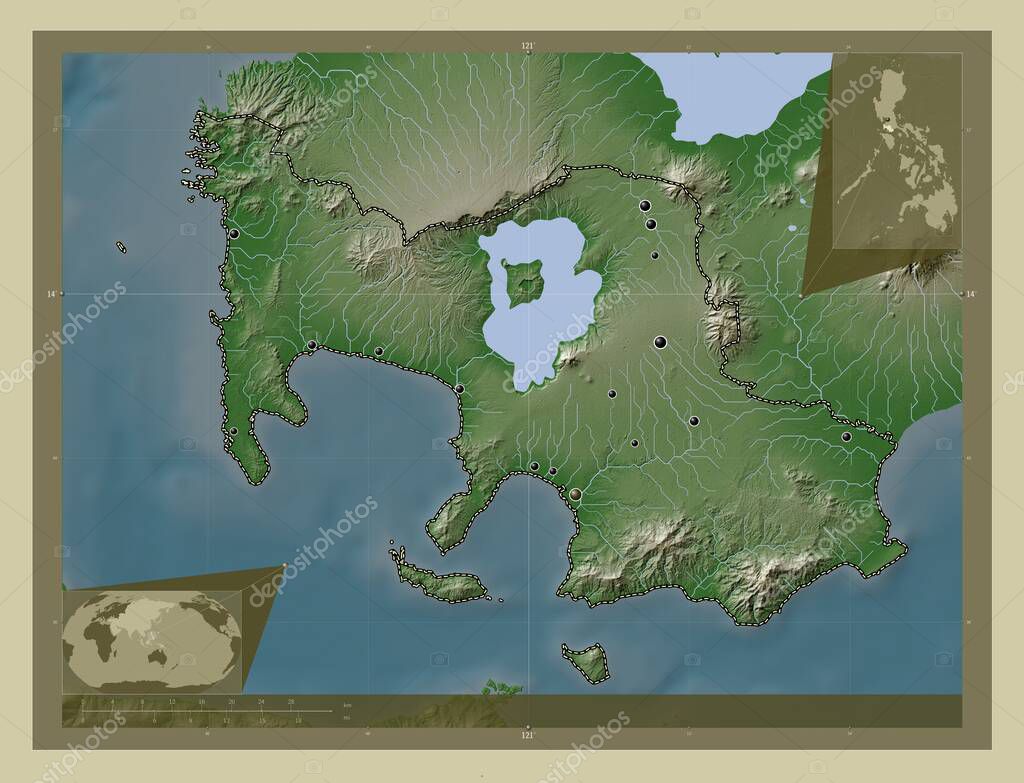 Batangas, province of Philippines. Elevation map colored in wiki style ...