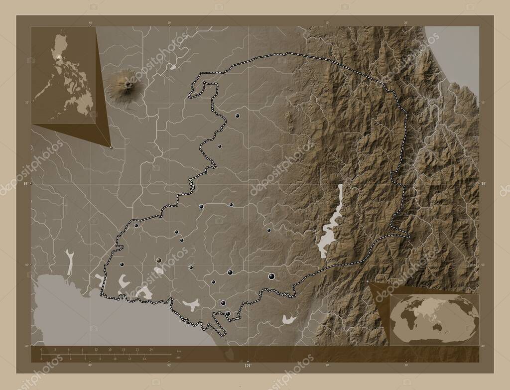 Bulacan, province of Philippines. Elevation map colored in sepia tones ...