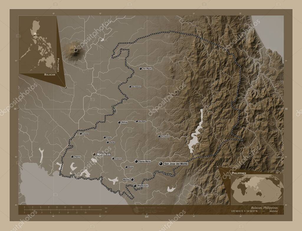 Bulacan, province of Philippines. Elevation map colored in sepia tones ...