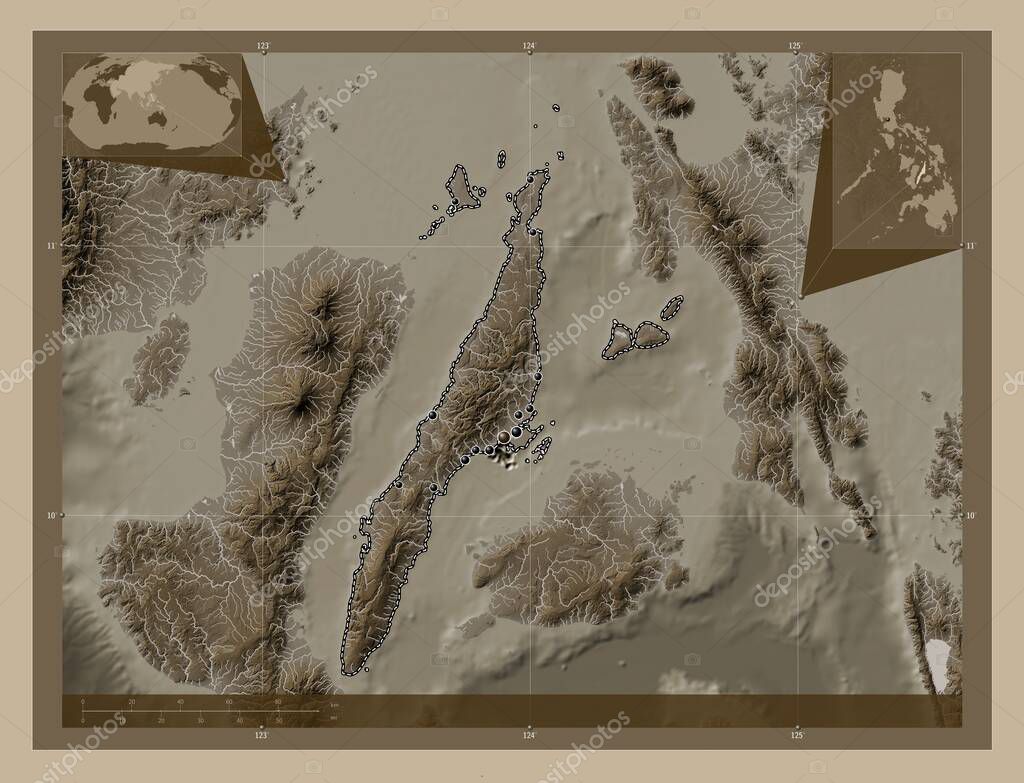 Cebu, province of Philippines. Elevation map colored in sepia tones ...