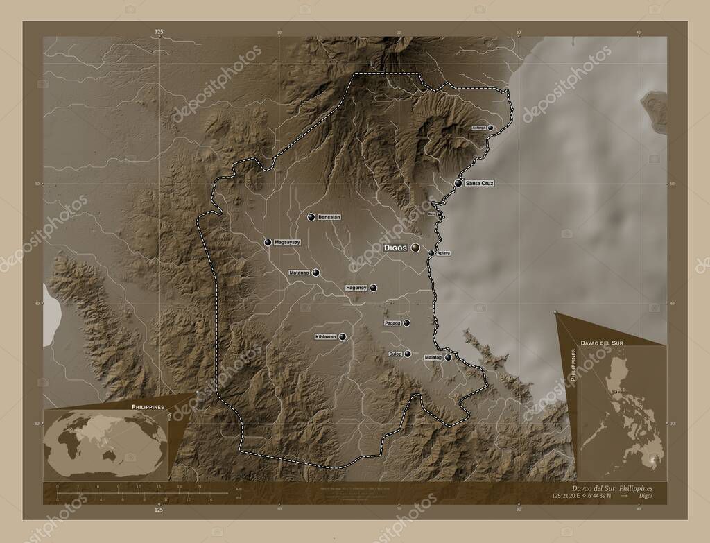 Davao del Sur, province of Philippines. Elevation map colored in sepia ...